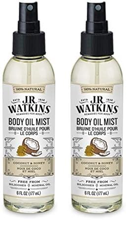 JR Watkins Natural Hydrating Body Oil Mist, Coconut Milk & Honey, Moisturizing Body Oil Spray for Glowing Skin, USA Made and Cruelty Free, 6 fl oz (Pack of 2)