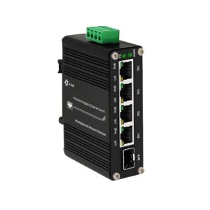 star route mini industrial 4 port 10/100/1000mbps gigabit ethernet poe + switch with sfp din rail/wall-mount 10/100/1000base-t rj45 1 100/1000fx (sfp) support 12-48v dc, 3.74x2.76x1.15in