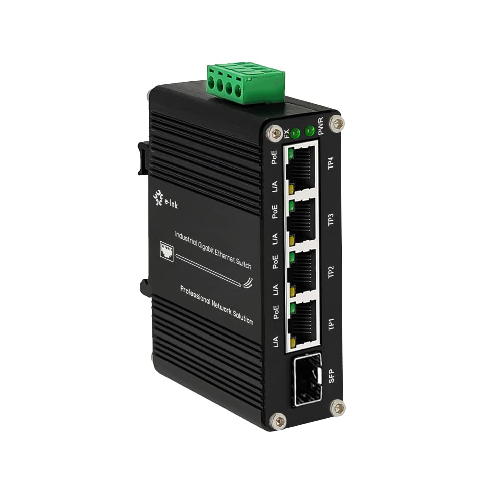 Star Route Mini Industrial 4 Port 10/100/1000Mbps Gigabit Ethernet POE + Switch with SFP Din Rail/Wall-Mount 10/100/1000BASE-T RJ45 1 100/1000FX (SFP) Support 12-48V DC, 3.74x2.76x1.15in