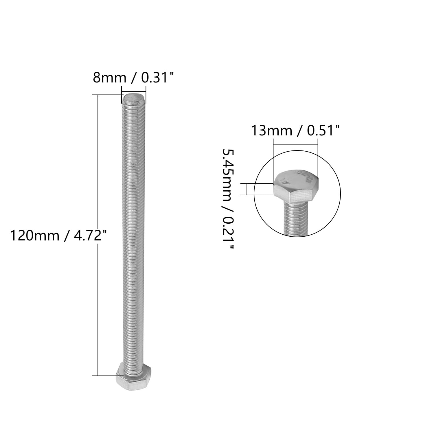 Bettomshin 10Pcs M8 x 120mm Hex Bolts, 304 Stainless Steel 1.25mm Thread Pitch Fully Threaded Metric Hex Head Screw Bolts, Hexagon Screw Bolt, Hex Tap Bolts, Silver (Overall Size 125.45x13x13mm)