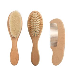 pandaear baby hair brush and comb set for newborn| natural wooden hairbrush with soft goat bristles, pear wood comb and wooden massage brush for infant, toddler, kids