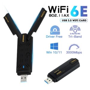 FENVi AX3000 WiFi 6E USB 3.0 Network Adapter Driver Free Wireless USB Gigabit Gaming WiFi Card with 2.4G,574Mbps,5G,2400Mbps,6G,2400Mbps WiFi 6e USB Dongles Support Windows 11/10 Not for Linux