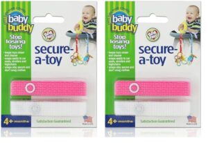 baby buddy secure-a-toy - straps toys, teether, or pacifiers to strollers, highchairs, car seats— safety leash with adjustable length to keep toys sanitary & clean, pink/white 2 count (pack of 2)