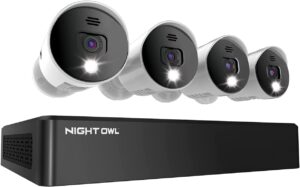 night owl sp, llc 8 channel bluetooth video home security camera system with (4) wired 4k uhd indoor/outdoor spotlight cameras audio and 1tb hard drive white, wm-btd881-4lsa