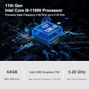 HISTTON Desktop Computer Windows 11, UHD Graphics 750 Mini PC, Core i9-11900 Processor, 64 GB RAM 1TB SSD 2TB HDD, Gigabit Ethernet, HDMI, TPM2.0, 1 COM Port, 4 USB 3.0, BT 5.1, WiFi, Desktop PC