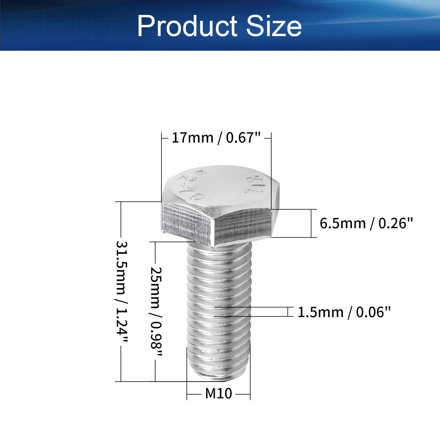 Bettomshin 10Pcs M10 x 25mm Hex Bolts, 304 Stainless Steel 1.5mm Thread Pitch Fully Threaded Metric Hex Head Screw Bolts, Hexagon Screw Bolt, Hex Tap Bolts, Silver (Overall Size 31.5x17x17mm)