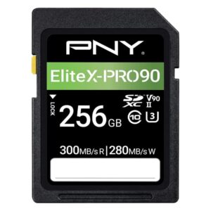 pny 256gb elitex-pro90 uhs-ii sdxc memory card – r300mb/s w280mb/s, u3, v90, 8k uhd, full hd, uhs-ii for professional photographers & content creators, dslr, mirrorless cameras, advanced video cameras