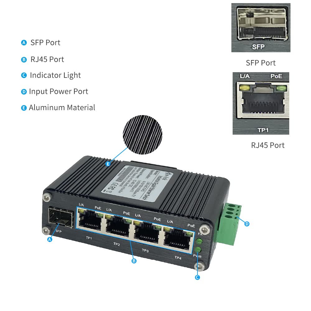 Star Route Mini Industrial 4 Port 10/100/1000Mbps Gigabit Ethernet POE + Switch with SFP Din Rail/Wall-Mount 10/100/1000BASE-T RJ45 1 100/1000FX (SFP) Support 12-48V DC, 3.74x2.76x1.15in