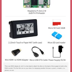 Waveshare Package H Compatible with Raspberry Pi Zero 2 W Bundle with 2.13inch Touch e-Paper HAT(with case) Power Supply 5V/3A Micro Card 16GB Card Reader and So On (8 Items)