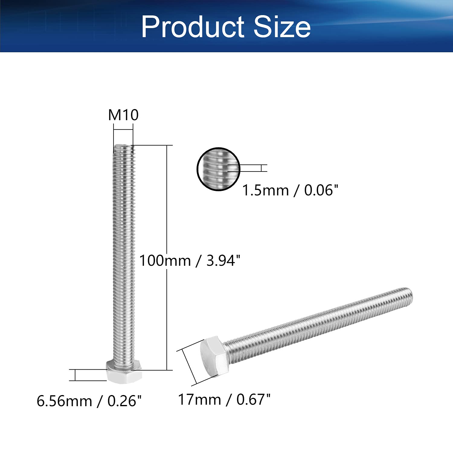 Bettomshin 4Pcs M10 x 100mm Hex Bolts, 304 Stainless Steel 1.5mm Thread Pitch Fully Threaded Metric Hex Head Screw Bolts, Hexagon Screw Bolt, Hex Tap Bolts, Silver (Overall Size 106.56x17x17mm)