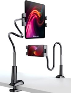 esamcore tablet stand holder, gooseneck phone holder for bed cell phone stand for desk recording, powerful phone grip clamp mount compatible with all 4.7" - 11" screen