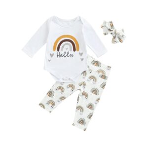 newborn baby girl rainbow outfit long sleeve romper top + rainbow pants+ headband 3pcs infant fall winter clothes (white, 6-12 months)