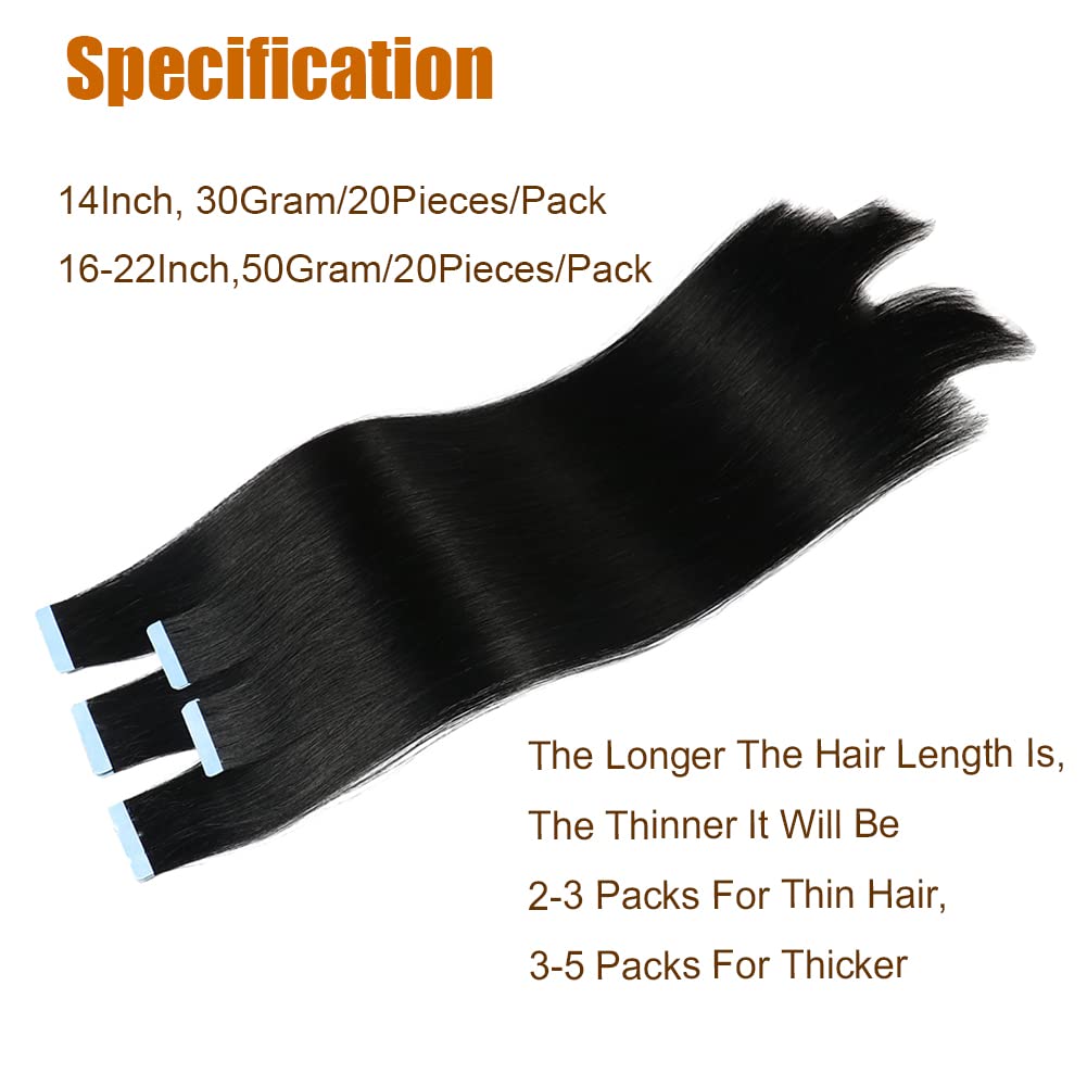 Anihiho Tape in Hair Extensions Human Straight Hair Extensions Tape in Real Human Hair for Women (16inch 50g, Jet Black)