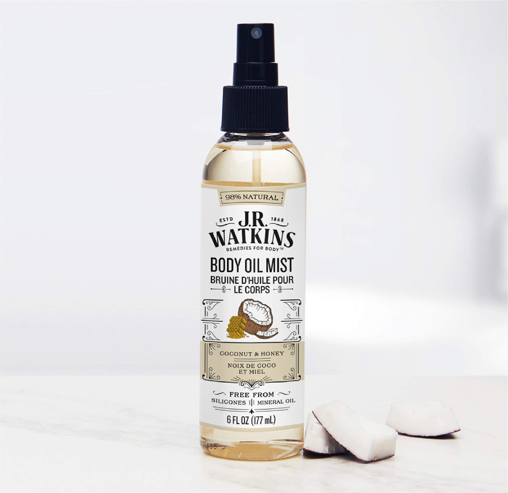 JR Watkins Natural Hydrating Body Oil Mist, Coconut Milk & Honey, Moisturizing Body Oil Spray for Glowing Skin, USA Made and Cruelty Free, 6 fl oz (Pack of 2)