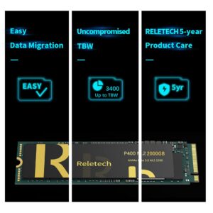 Reletech P400 M.2 2000G SSD, up to 3400MB/S PCIe3.0×4 NVMe Independent Cache Internal Hard Disk for Laptop Desktop (2TB lite)