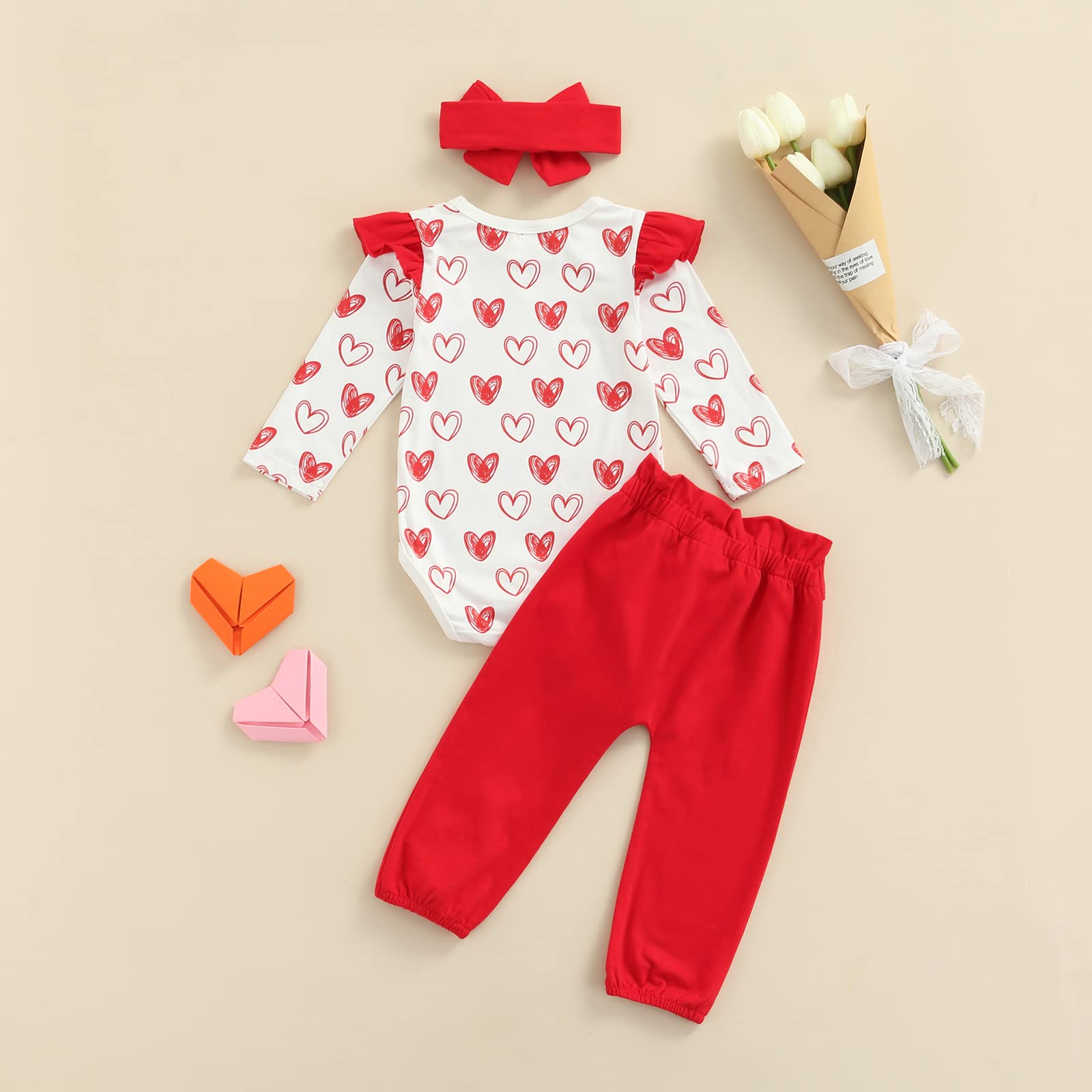 Youweixiong Infant Baby Girl Valentine´s Day Outfits Ruffle Sleeve Heart Romper Bodysuit+Bowknot Pants+Headband Clothes Set (Red , 6-12 Months )