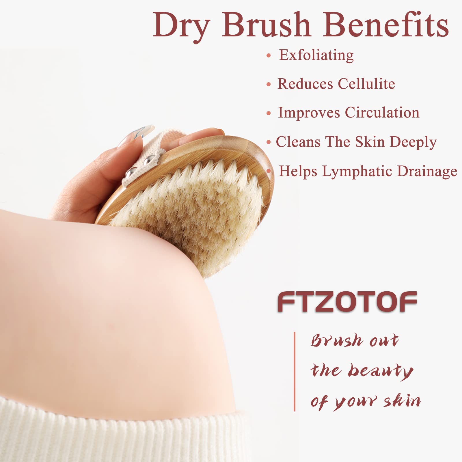 Ftzotof Dry Brush, Dry Brushing Body Brush with Natural Bristles, Exfoliating Brush Body Scrub for Dry Skin, Cellulite Treatment, Lymphatic Drainage and Blood Circulation Improvement, Medium Strength