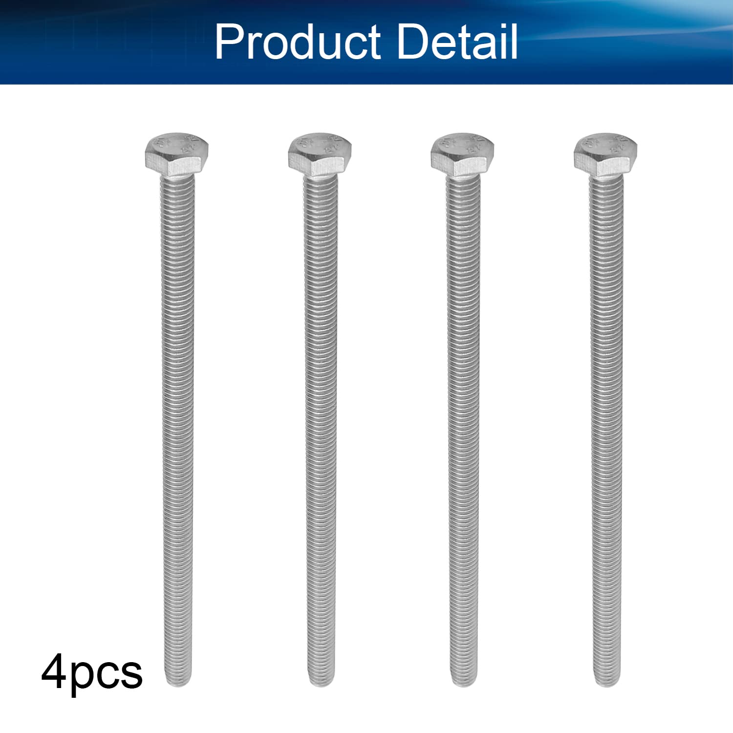 Bettomshin 4Pcs M6 x 120mm Hex Bolts, 304 Stainless Steel 1mm Thread Pitch Fully Threaded Metric Hex Head Screw Bolts, Hexagon Screw Bolt, Hex Tap Bolts, Silver, A2-70 (Overall Size 124x10x10mm)