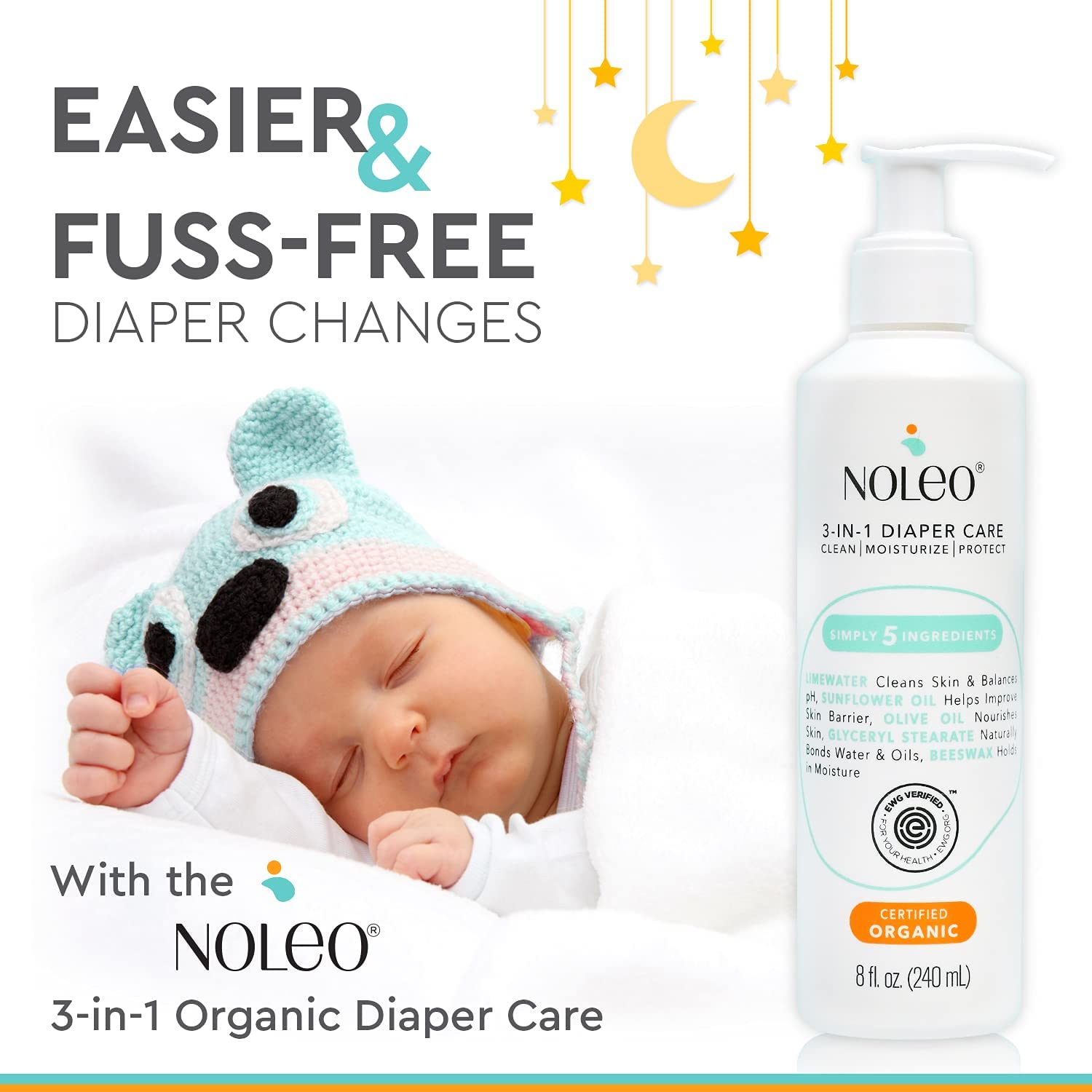 Noleo 3in1 Diaper Care with Organic Cotton Rounds - 300ct Lint Free Small Cotton Rounds - 8oz All-in-One Baby Cleanser, Lotion & Diaper Rash Cream