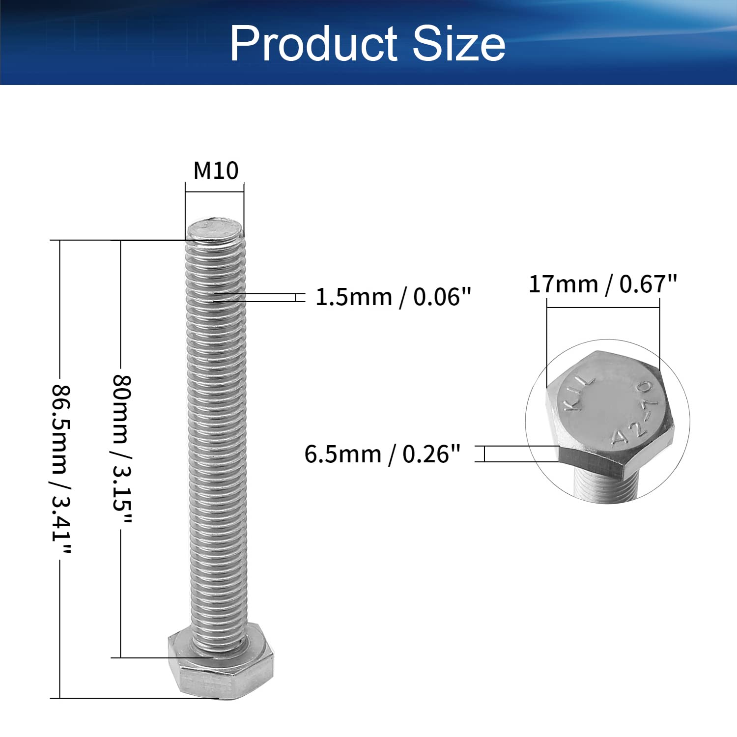 Bettomshin 4Pcs M10 x 80mm Hex Bolts, 304 Stainless Steel 1.5mm Thread Pitch Fully Threaded Metric Hex Head Screw Bolts, Hexagon Screw Bolt, Hex Tap Bolts, Silver (Overall Size 86.5x17x17mm)