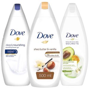 dove variety pack body wash, shea butter, glowing ritual lotus flower, and invigorating ritual avacado oil for pampering and softening skin, natural moisturizers, 16.9 ounces each, 3 count