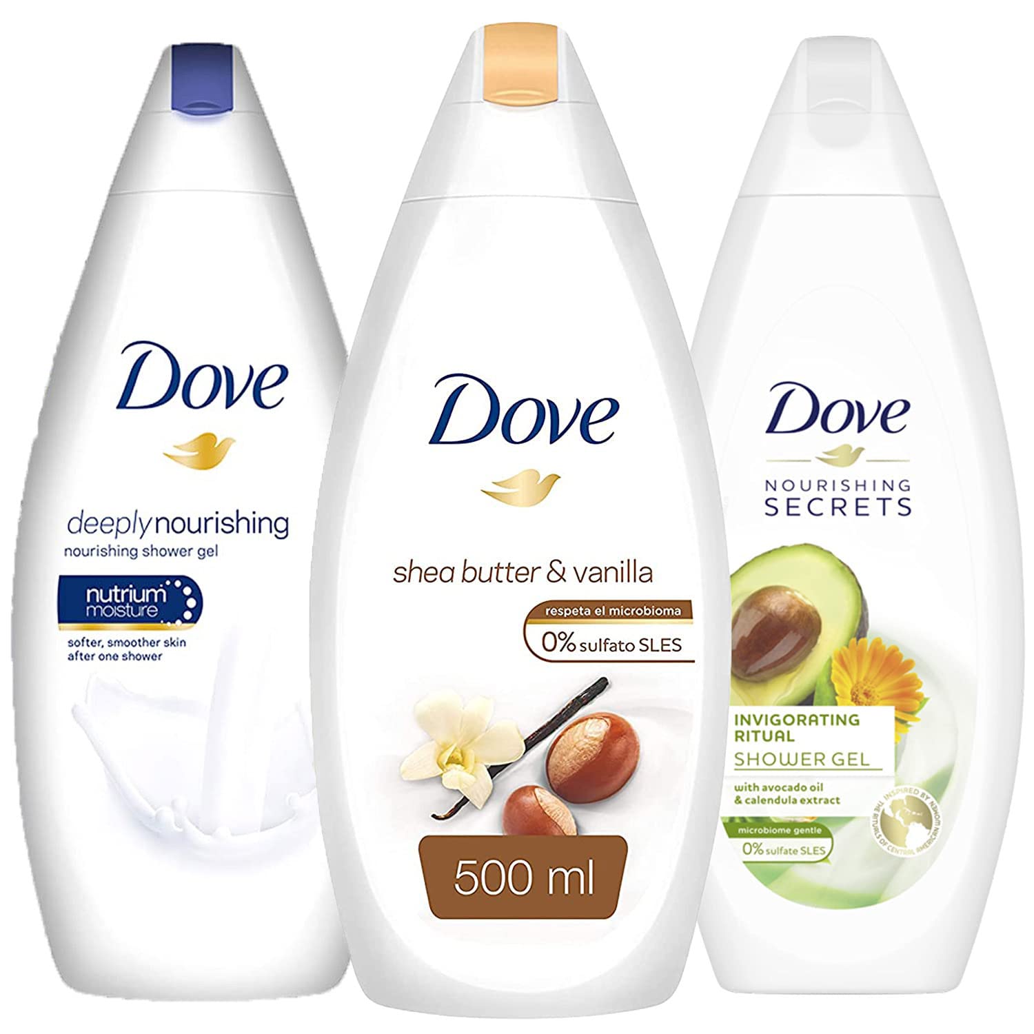 Dove Variety Pack Body Wash, Shea Butter, Glowing Ritual Lotus Flower, and Invigorating Ritual Avacado Oil for Pampering and Softening Skin, Natural Moisturizers, 16.9 Ounces Each, 3 Count