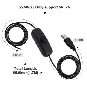 RGBZONE 2Pcs 5.58FT 5V USB Switch Extension Cable, USB 2.0 A Male Plug and 2 Pin 2 Wire Power Charge Cable Connector DIY for 5V USB Fan, LED Strips, Desk Lamp, Driving Recorder LED Strip-Black