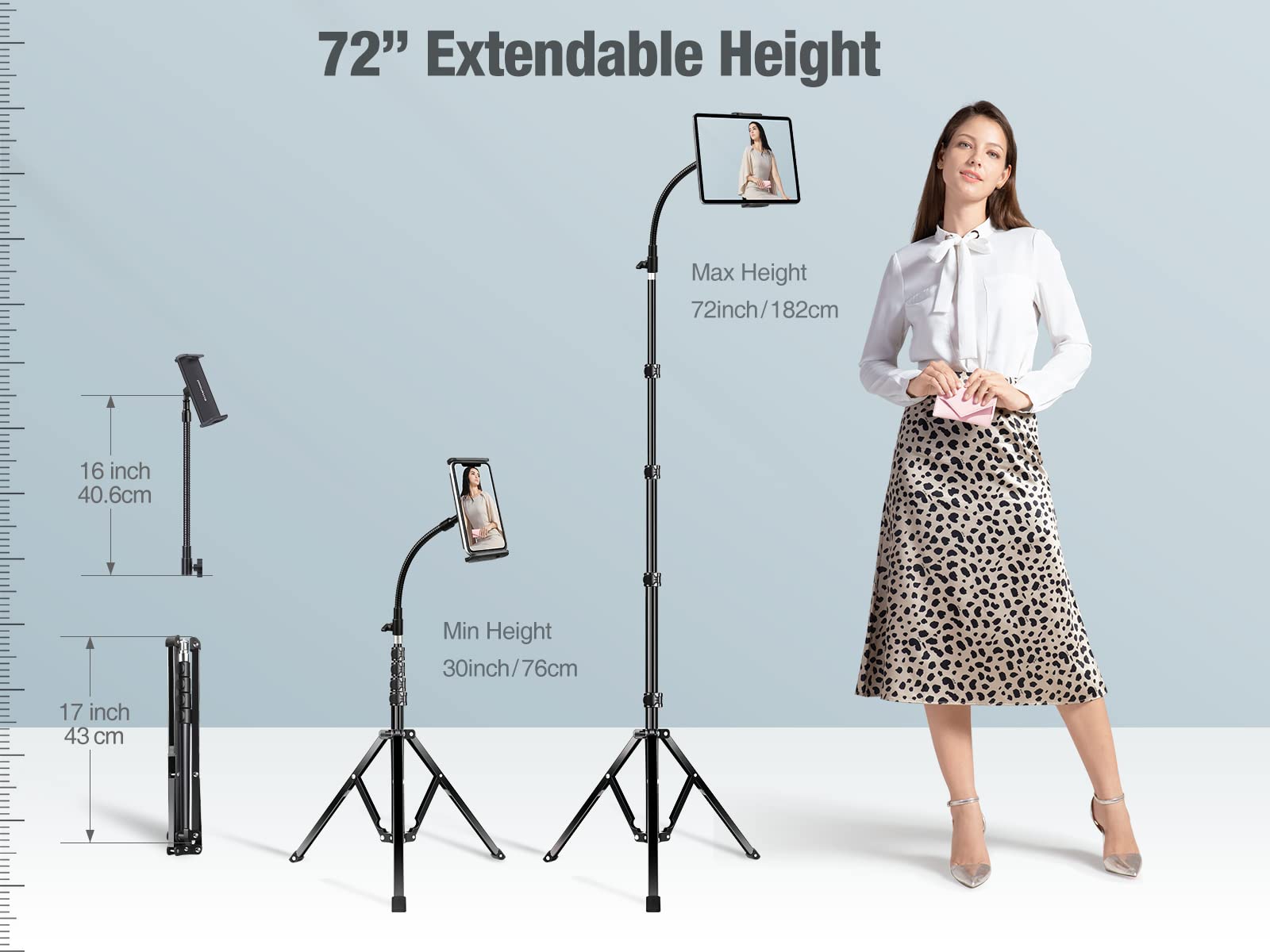 elitehood Tablet Floor Tripod Stand, Stronger Gooseneck iPad Tripod Stand, 72" Adjustable iPad Stand Holder for Stream/Watching, for iPad Pro 12.9, Mini, Air, iPhone and 4.7-13" Tablet and Cellphone