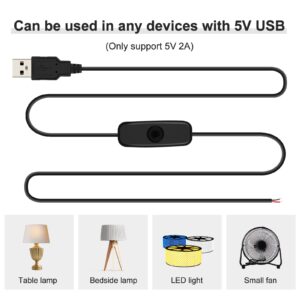 RGBZONE 2Pcs 5.58FT 5V USB Switch Extension Cable, USB 2.0 A Male Plug and 2 Pin 2 Wire Power Charge Cable Connector DIY for 5V USB Fan, LED Strips, Desk Lamp, Driving Recorder LED Strip-Black