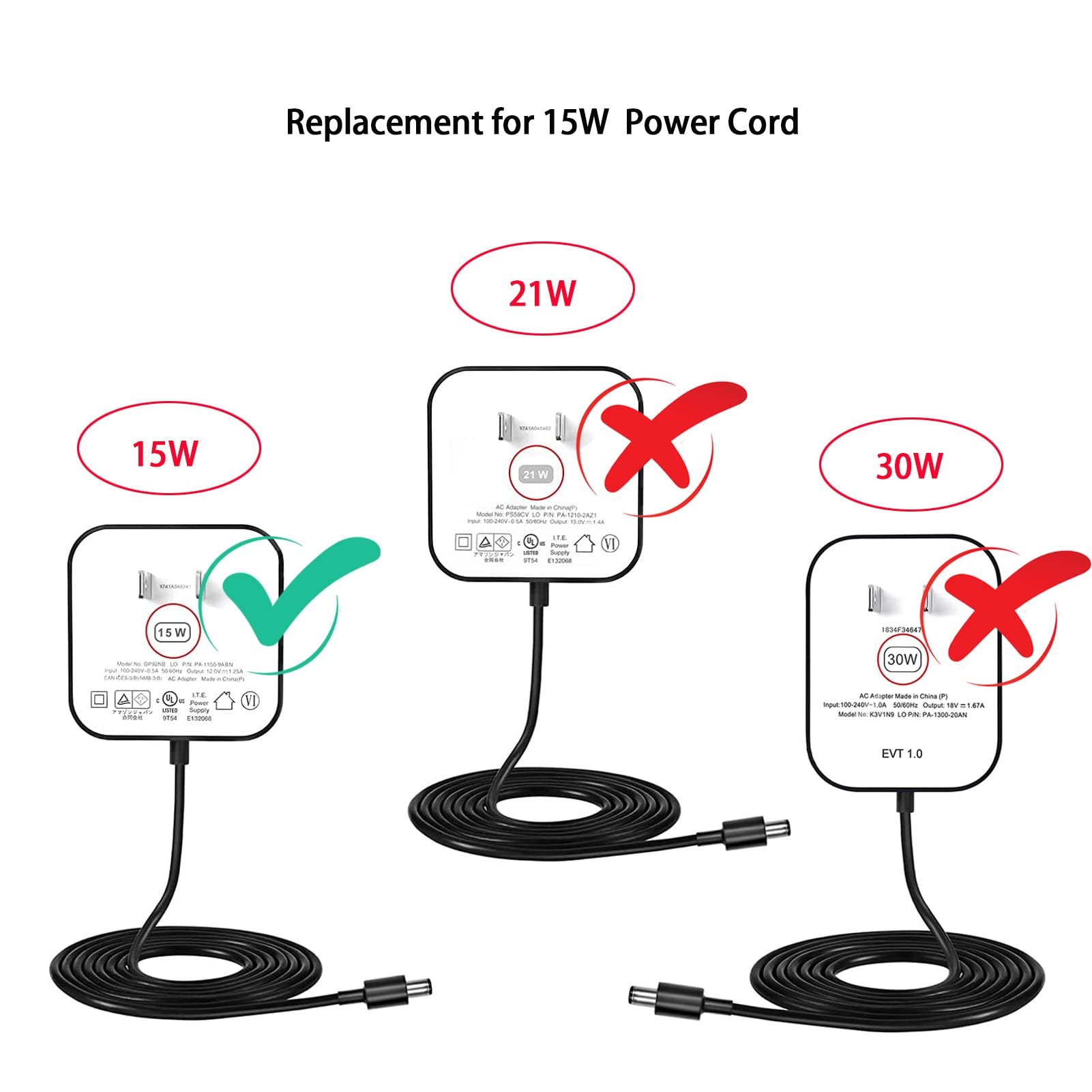 Power Cord Replacement for Alexa Dot 3rd Generation/Dot 5th Gen 2022/Dot 4th/Kids Edition/TV Cube/Show 5/C78mp8/GP92NB Charger, 15W Adapter