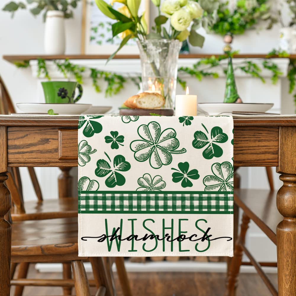 Artoid Mode Green Shamrock Wishes St. Patrick's Day Table Runner, Seasonal Spring Holiday Kitchen Dining Table Decoration for Home Party Decor 13 x 72 Inch