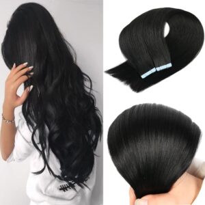 anihiho tape in hair extensions human straight hair extensions tape in real human hair for women (16inch 50g, jet black)