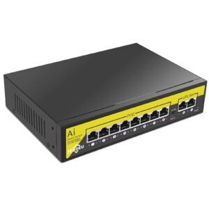 【1000 mbps】 hiseeu 8 port poe switch (8 poe+ ports + 2 ethernet uplink ports), 802.3 af/at, 100mbps, plug & play, 120w, ai watchdog, 250m (820 ft), noiseless/ compact & sturdy metal case/ desktop