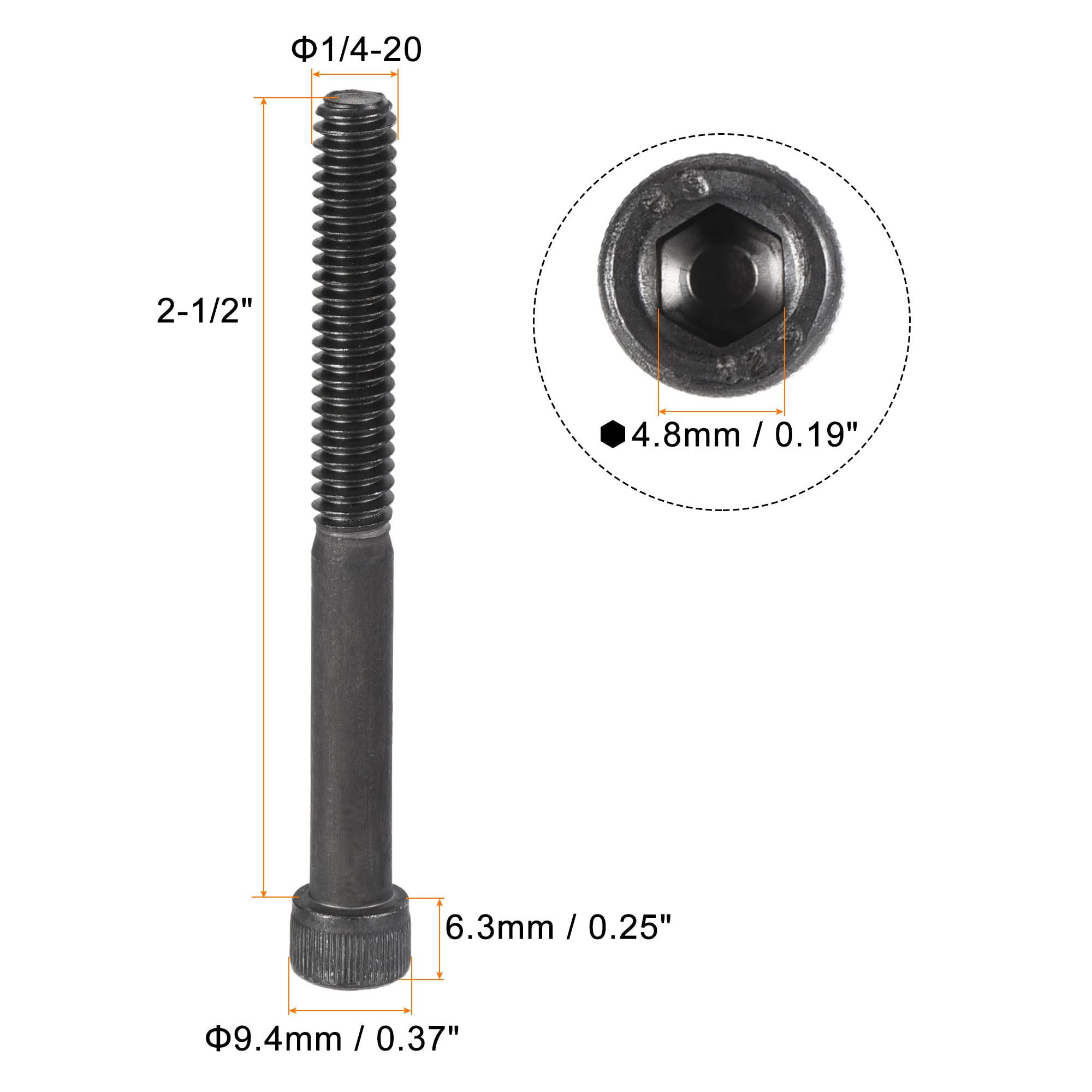 uxcell 1/4-20x2-1/2" Hex Socket Head Cap Screw Bolts 12.9 Grade Alloy Steel 12pcs