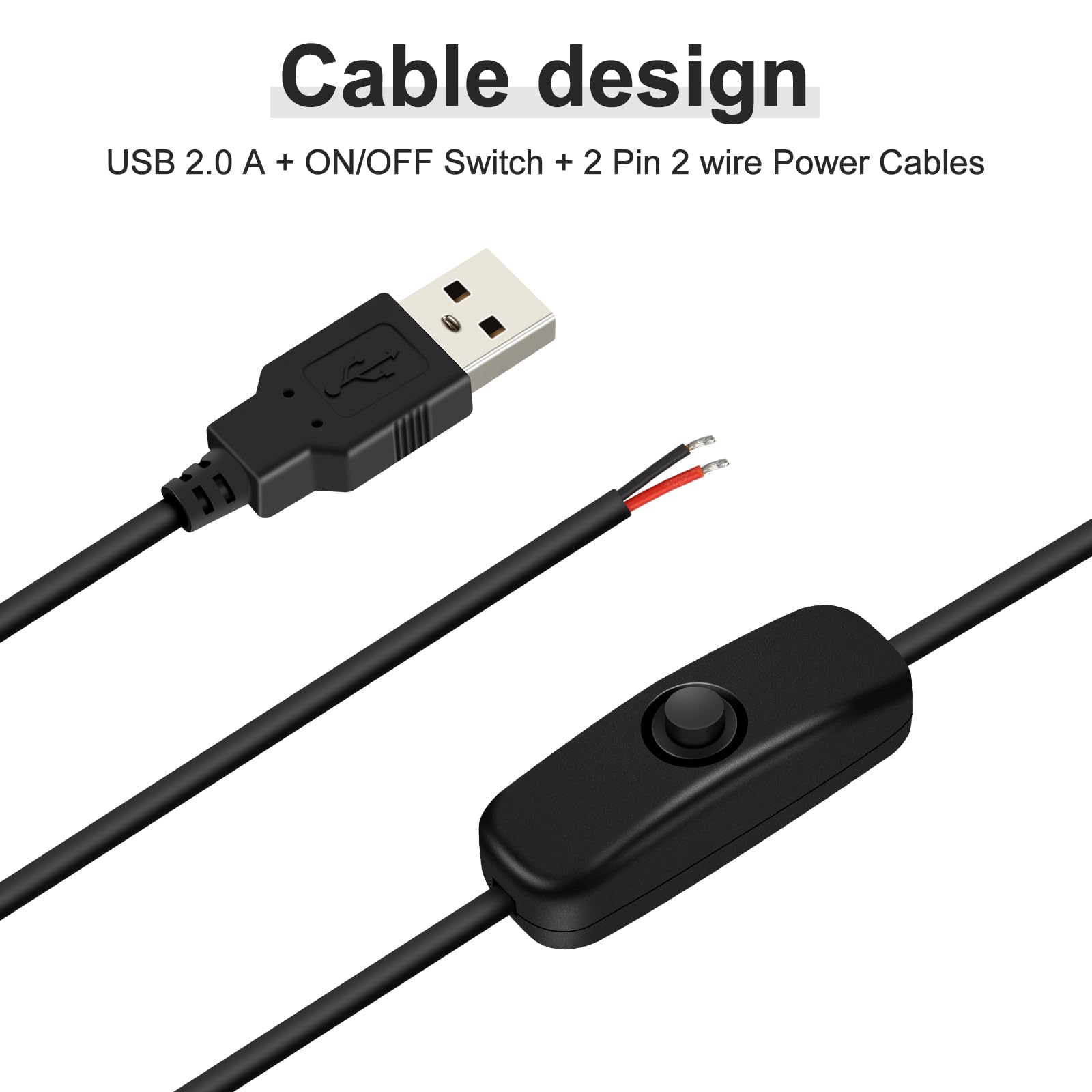 RGBZONE 2Pcs 5.58FT 5V USB Switch Extension Cable, USB 2.0 A Male Plug and 2 Pin 2 Wire Power Charge Cable Connector DIY for 5V USB Fan, LED Strips, Desk Lamp, Driving Recorder LED Strip-Black