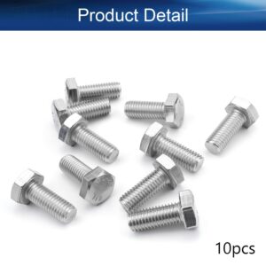 Bettomshin 10Pcs M10 x 25mm Hex Bolts, 304 Stainless Steel 1.5mm Thread Pitch Fully Threaded Metric Hex Head Screw Bolts, Hexagon Screw Bolt, Hex Tap Bolts, Silver (Overall Size 31.5x17x17mm)