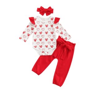 youweixiong infant baby girl valentine´s day outfits ruffle sleeve heart romper bodysuit+bowknot pants+headband clothes set (red , 6-12 months )