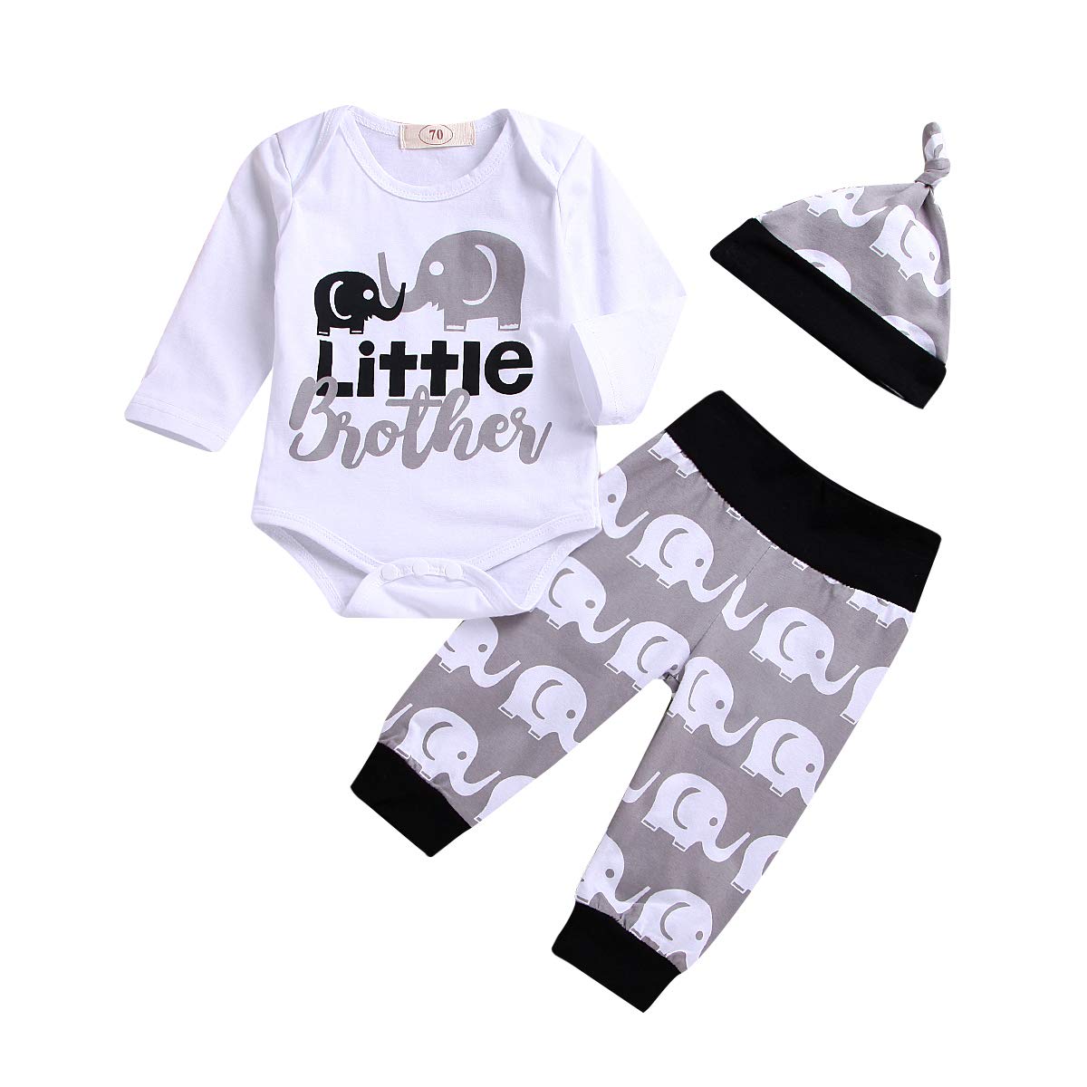 Aalizzwell Little Brother Outfits, Infant Baby Boys Little Elephant Outfit Long Sleeve Bodysuit Clothes Set 0-3 Months