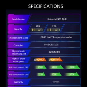 Reletech P400 M.2 2000G SSD, up to 3400MB/S PCIe3.0×4 NVMe Independent Cache Internal Hard Disk for Laptop Desktop (2TB lite)