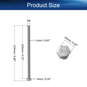 Bettomshin 4Pcs M6 x 120mm Hex Bolts, 304 Stainless Steel 1mm Thread Pitch Fully Threaded Metric Hex Head Screw Bolts, Hexagon Screw Bolt, Hex Tap Bolts, Silver, A2-70 (Overall Size 124x10x10mm)