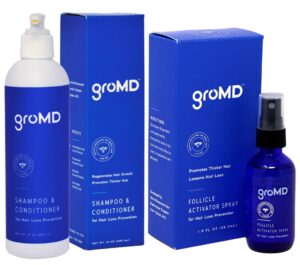 gromd follicle activator spray & hair growth stimulating shampoo and conditioner bundle - biotin, argan oil, copper peptides, dht blocker for regrowth, doctor formulated for minimizing thinning