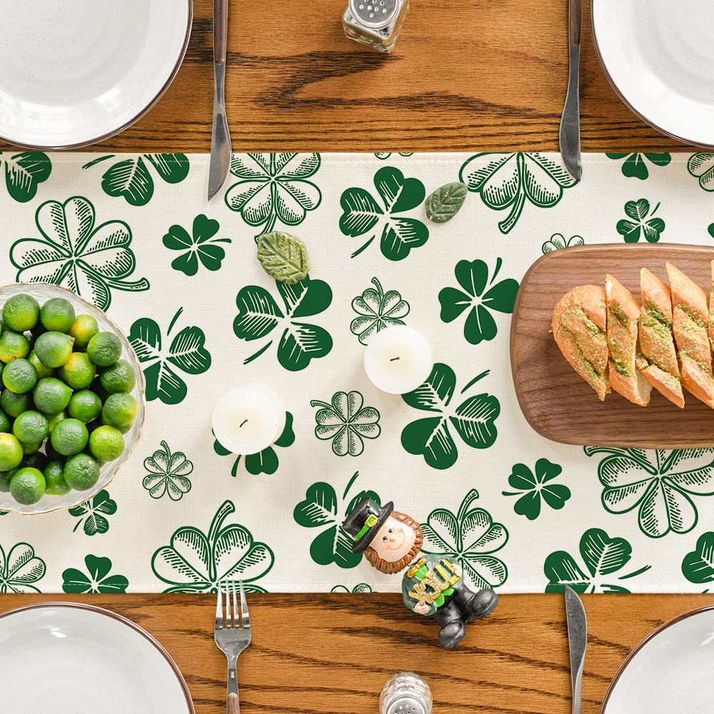 Artoid Mode Green Shamrock Wishes St. Patrick's Day Table Runner, Seasonal Spring Holiday Kitchen Dining Table Decoration for Home Party Decor 13 x 72 Inch