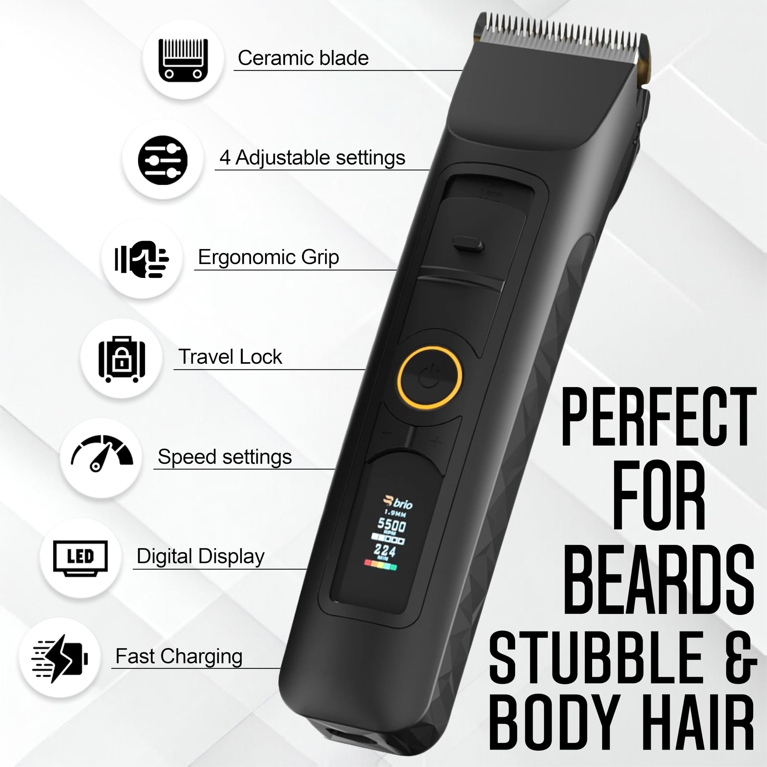 Brio Beardscape V2 Beard Trimmer for Men Professional with Low Friction Ceramic Blade, Cordless Professional Hair Trimmer for Barbers with 4 Hrs of Long Battery Timing, Ideal for Beard & Body (Black)