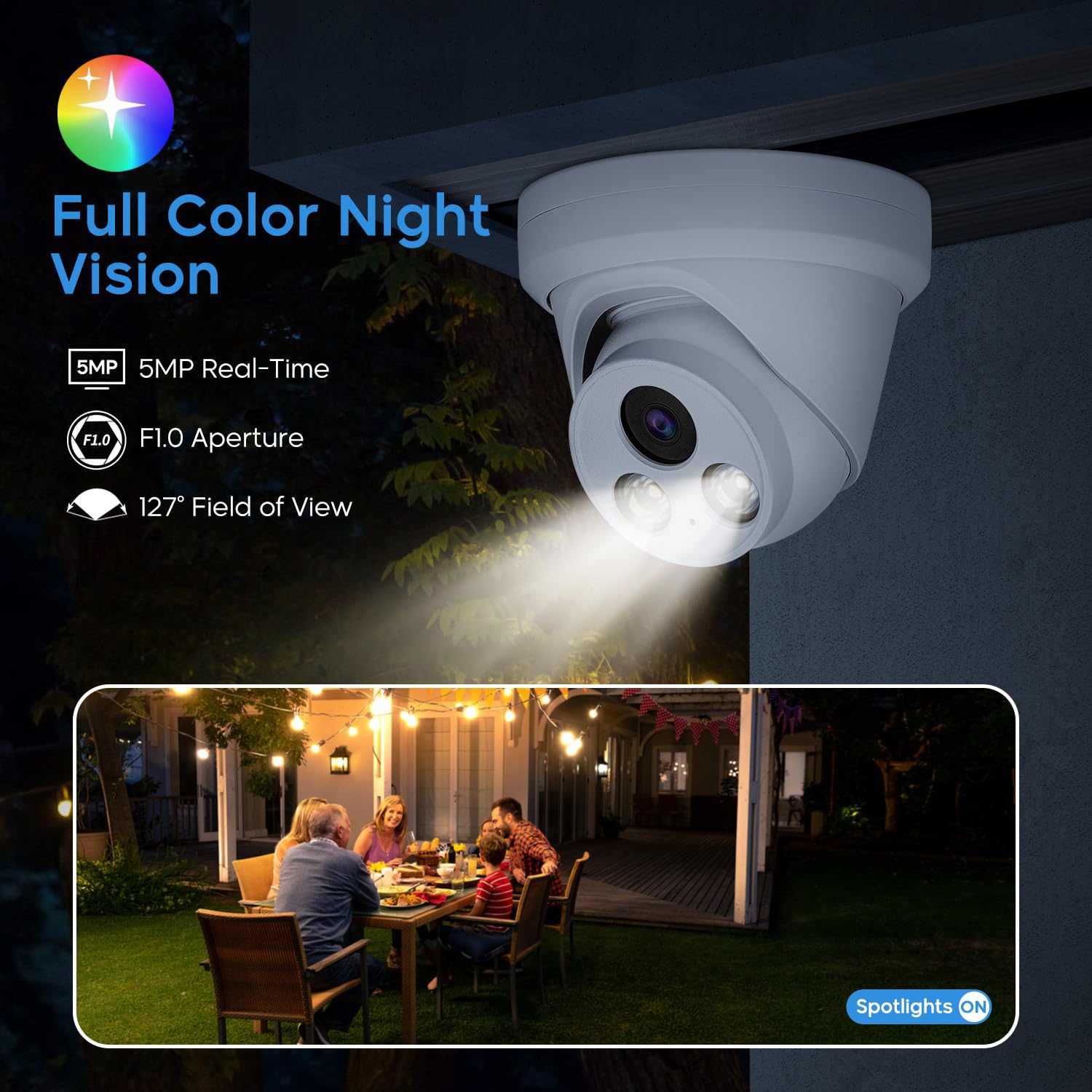 5MP Full Color PoE IP Camera, 2.8mm Lens 118° Wide Angle, F1.0 Aperture, 98.4ft Full Color Night Vision, Human/Vehicle Detection, Built-in Mic, Metal Housing, IP67 Weatherproof, Works with HKV