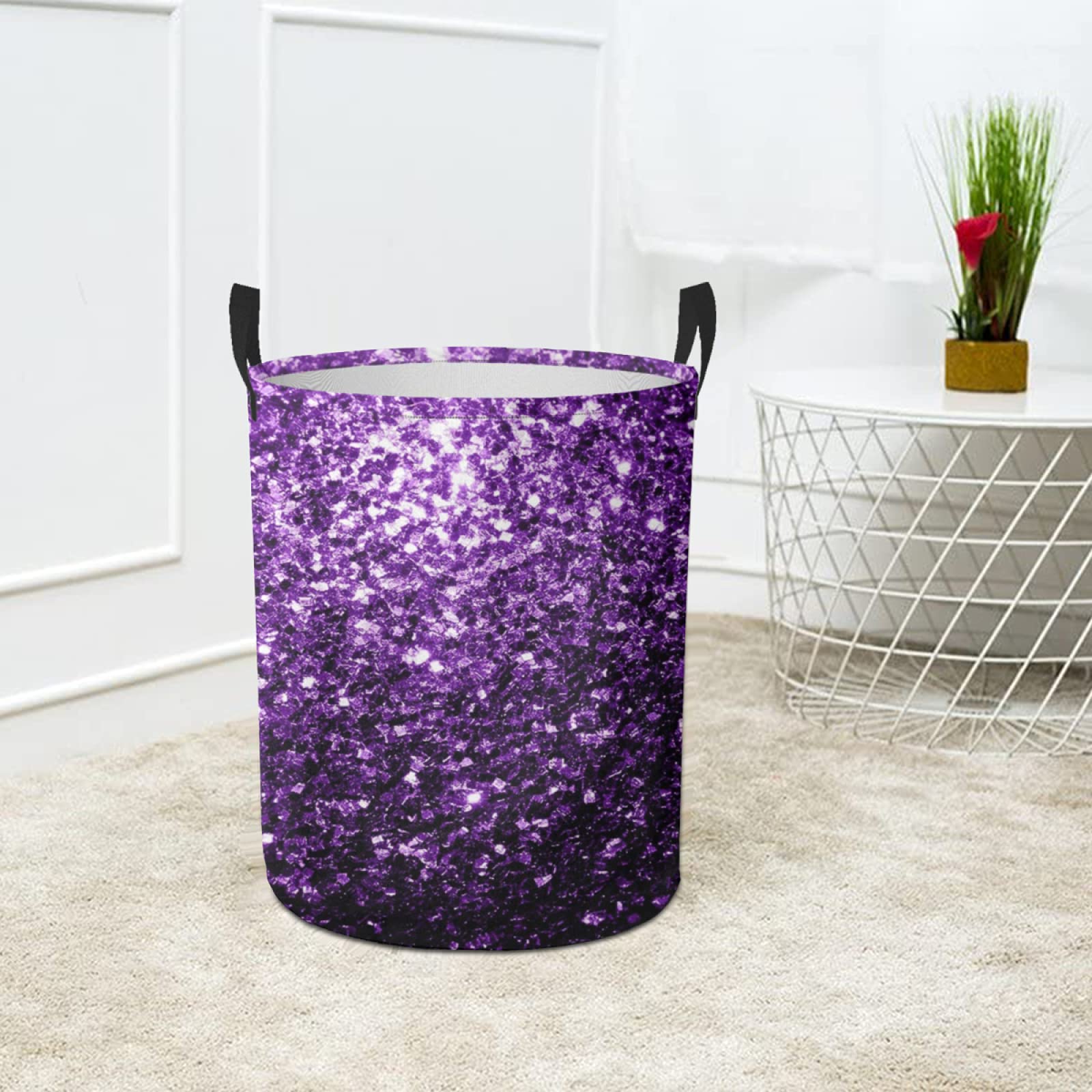 Storage Basket,Beautiful Dark Purple Glitter Sparkles,Collapsible Large Laundry Hamper with Handles for Home Office 17.32"X13.58"