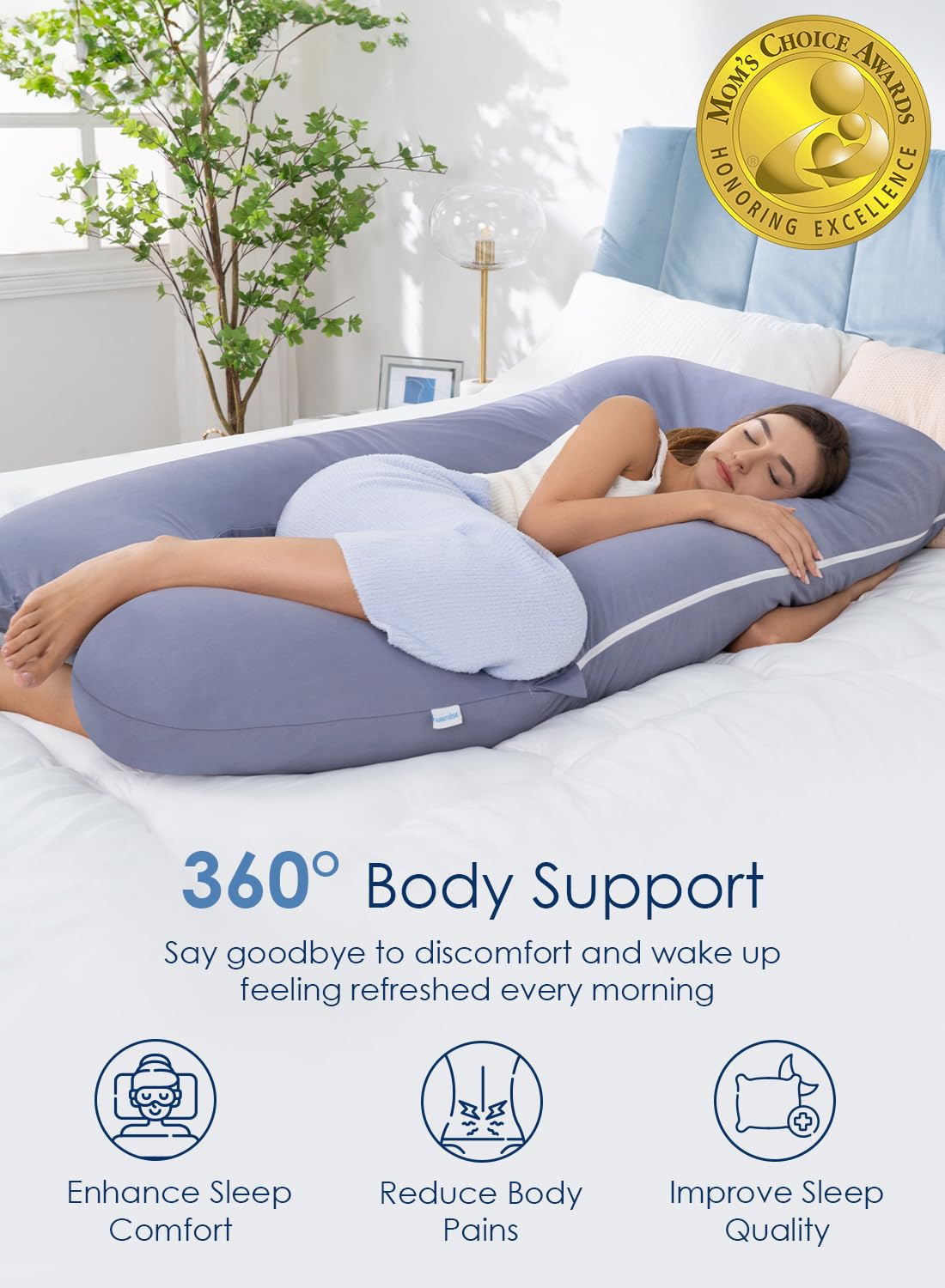 QUEEN ROSE Pregnancy Pillows, Cooling U Shaped Body Pillow for Sleeping, Maternity Pillow for Pregnant Women, Organic Cotton and Back Pain Relief, Grey