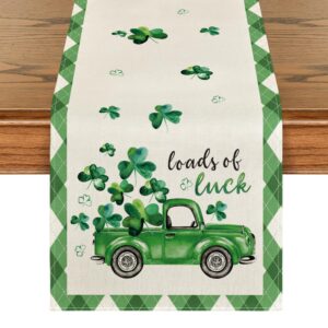 artoid mode buffalo plaid edge shamrock loads of luck st. patrick's day table runner, seasonal spring holiday kitchen dining table decoration for indoor outdoor home party decor 13 x 72 inch