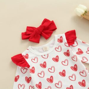 Youweixiong Infant Baby Girl Valentine´s Day Outfits Ruffle Sleeve Heart Romper Bodysuit+Bowknot Pants+Headband Clothes Set (Red , 6-12 Months )