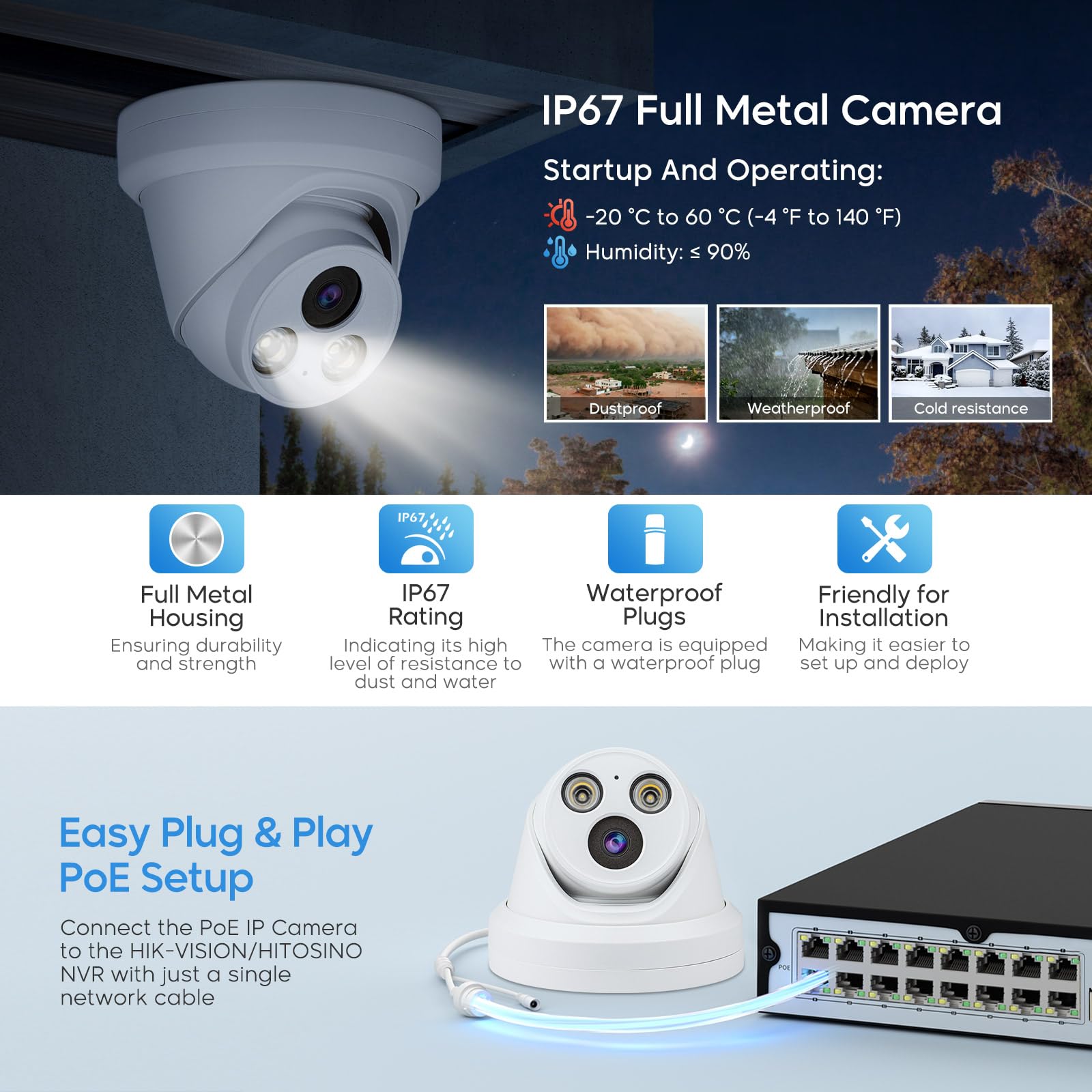 5MP Full Color PoE IP Camera, 2.8mm Lens 118° Wide Angle, F1.0 Aperture, 98.4ft Full Color Night Vision, Human/Vehicle Detection, Built-in Mic, Metal Housing, IP67 Weatherproof, Works with HKV