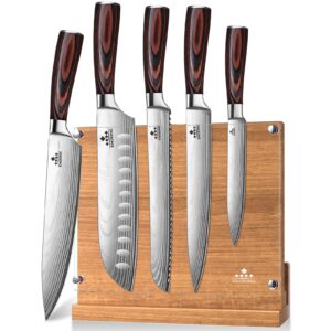 enoking 6-piece knife sets with acacia wood knife holder double-sided magnetic, kitchen knives german high carbon stainless steel cutlery set, chef knife, bread knife, santoku knife